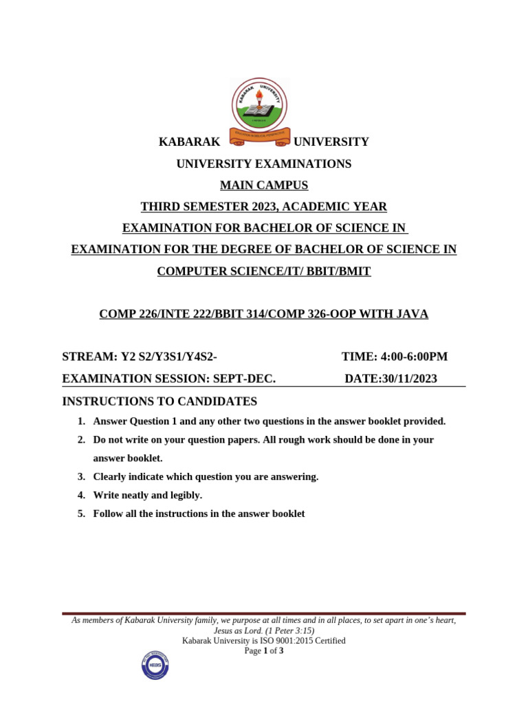 Comp 226 Inte 222 Bbit 314 Comp 326 Oop With Java - Kabarak University | PDF | Method (Computer ...