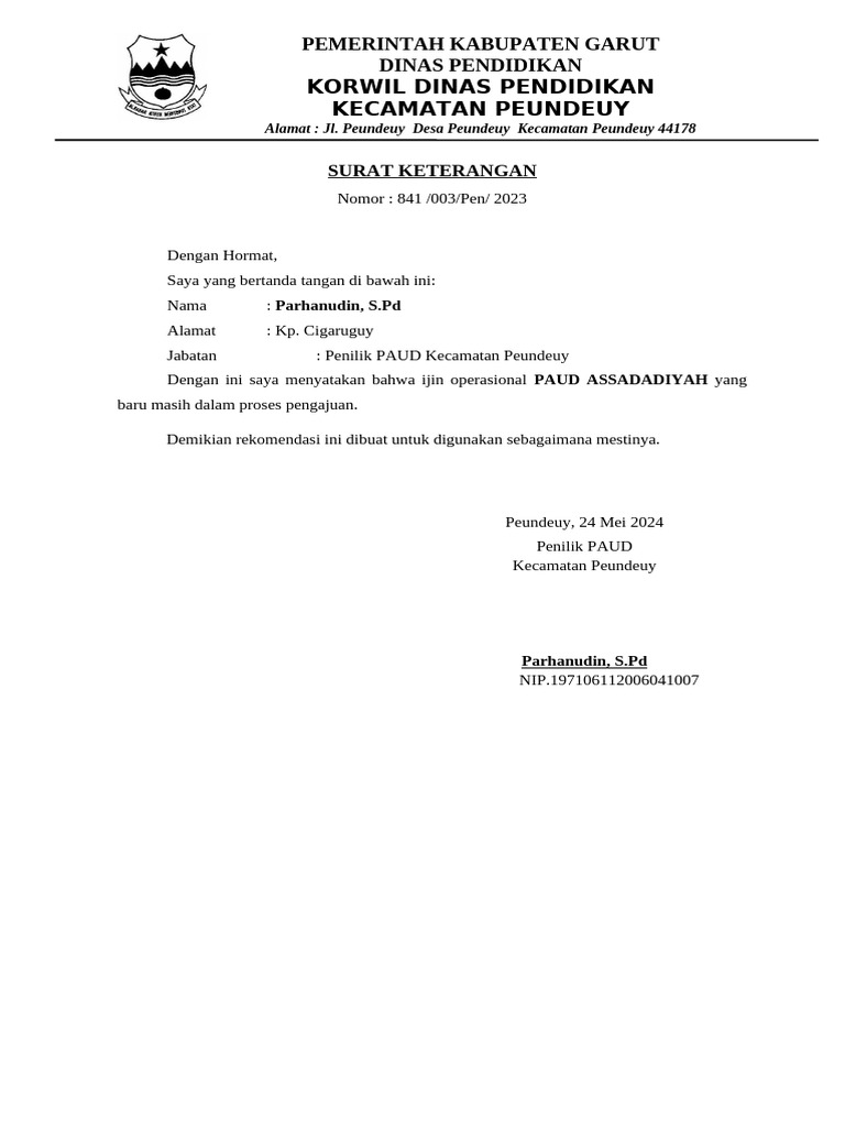 Surat Keterangan Izin PAUD Peundeuy | PDF