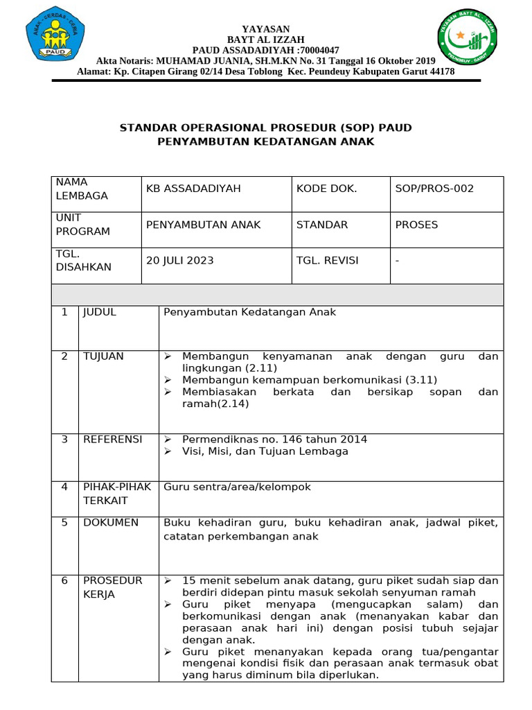 Sop Penyambutan Anak | PDF