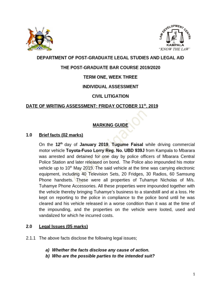 Marking Guide Civil Litigation Week 3 - Term 18 - 2019!20!1 | PDF | Lawsuit | Cause Of Action