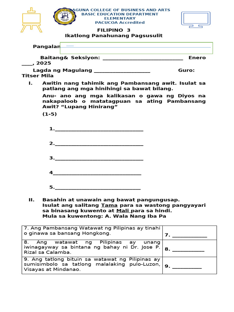 FILIPINO-3-Ikatlong Panahunang - Pagsusulit-ELEM-Enero 22, 2025 | PDF