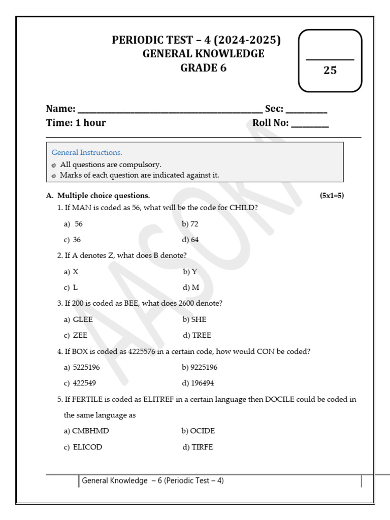 Grade 6 General Knowledge Test 2024 | PDF