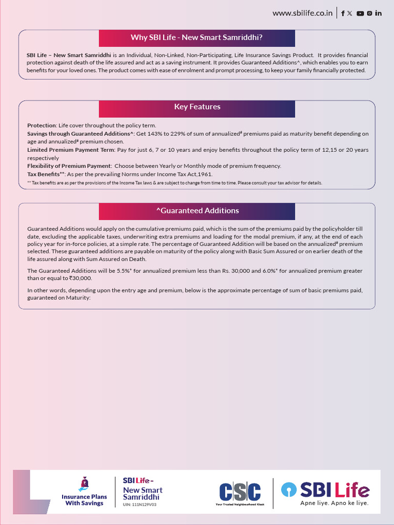 SBI Life - New Smart Samriddhi - Single Pager - CSC | PDF | Insurance ...