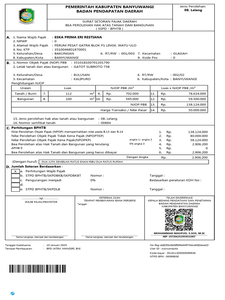 Surat Setoran Pajak BPHTB Banyuwangi | PDF