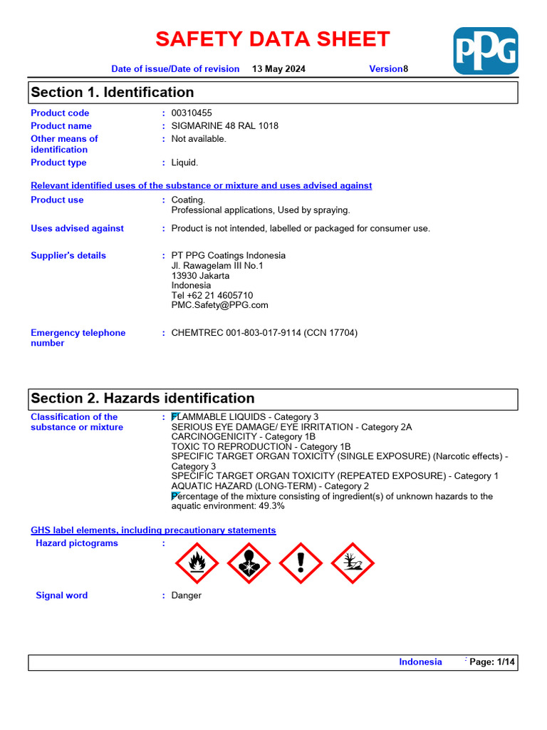 Safety Data for RAL 1018 Paint | PDF | Occupational Safety And Health ...