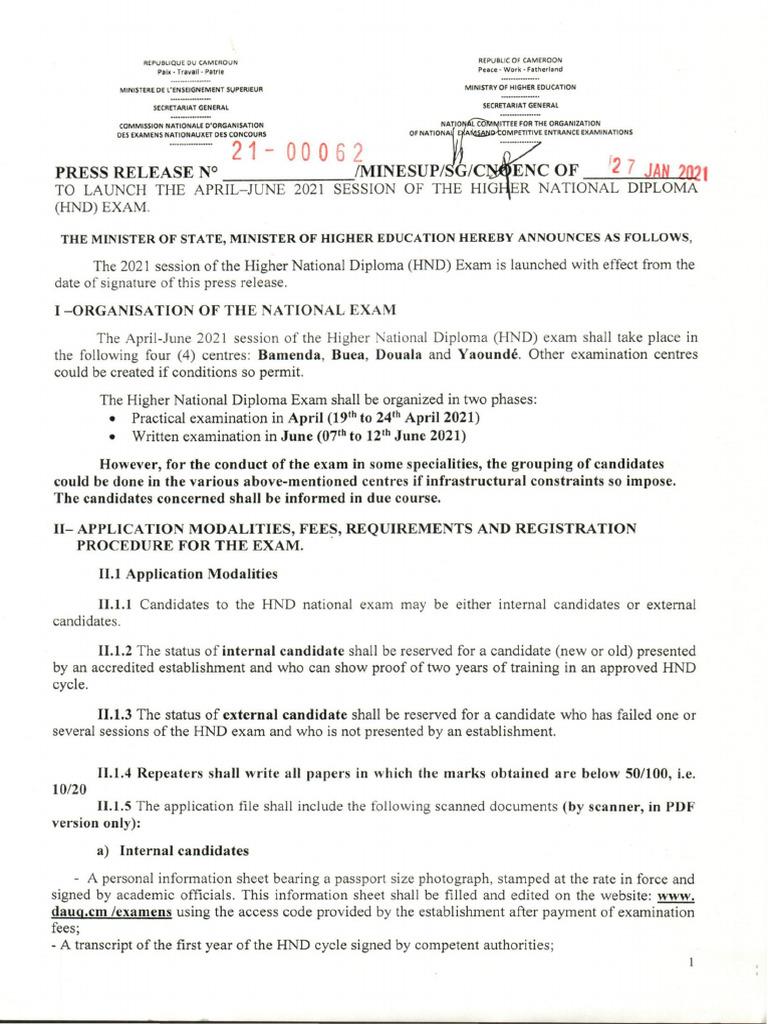 Cameroon 2021 HND Exam Details | PDF | Diploma | Birth Certificate