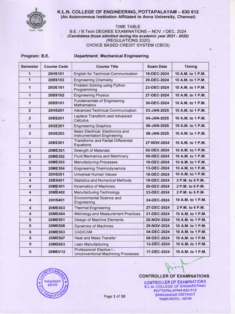 Mechanical Engg Exam Timetable 2024 | PDF | Engineering | Partial ...