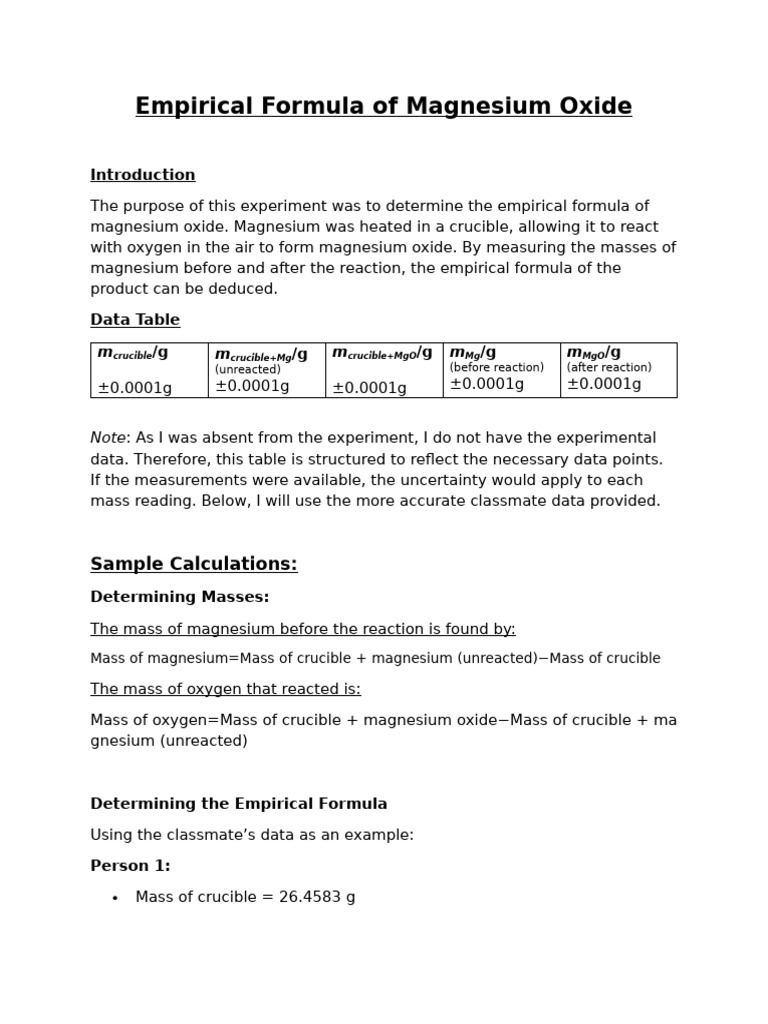 Empirical Formula of Magnesium Oxide Journal 1 | PDF | Mole (Unit ...