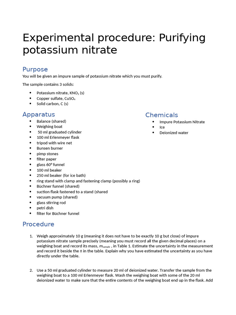 Purification of Potassium Nitrate Experimental Procedure | PDF ...