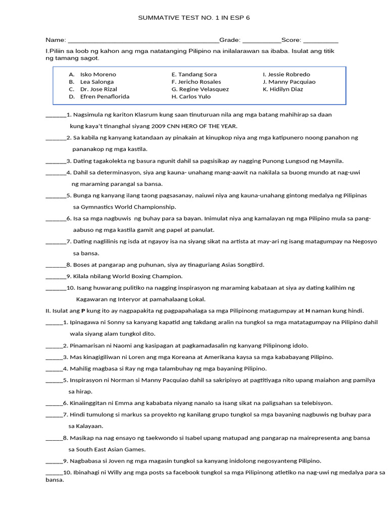 Q3 SUMMATIVE TEST NO.1 in ESP 6 | PDF