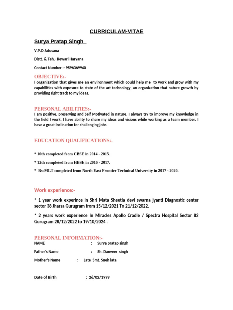 Surya Pratap Singh - CV and Experience | PDF