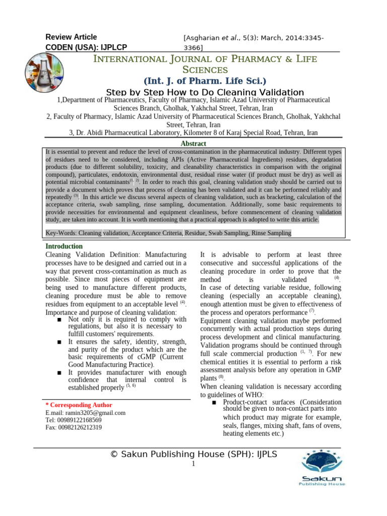 Journal - Cleaning Validation Concept | PDF | Dose (Biochemistry) | Chemistry