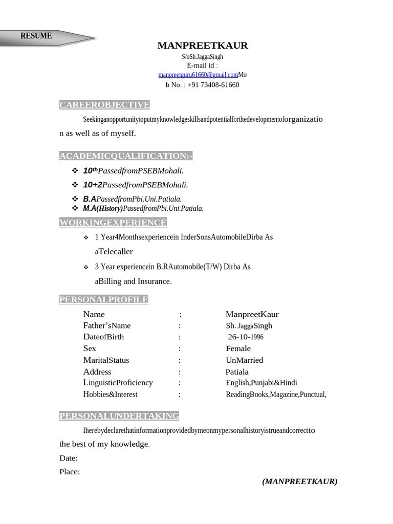 Manpreet Kaur Resume: Telecaller & Billing Experience | PDF