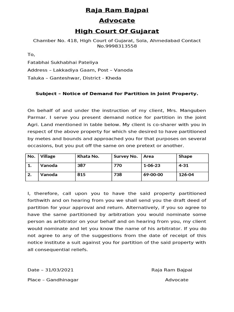 Demand Notice for Property Partition | PDF
