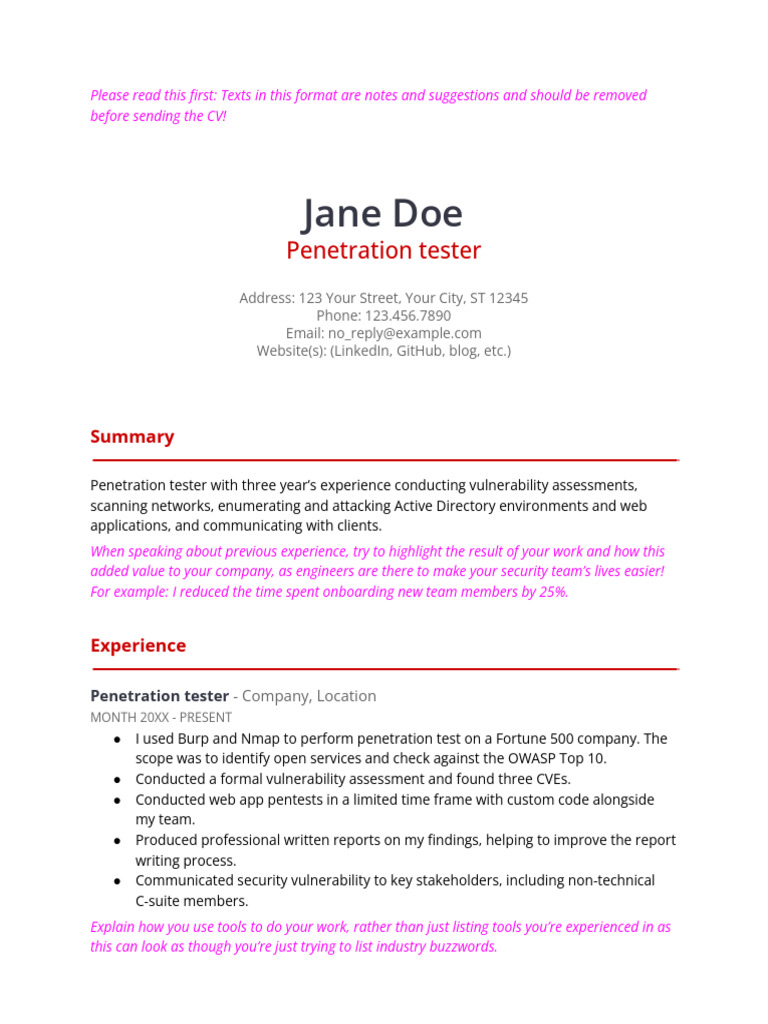 Penetration Tester Resume Example | PDF | Penetration Test ...