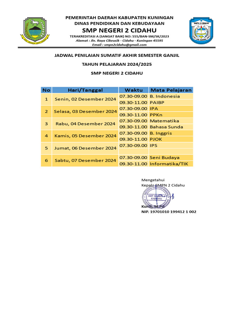 Jadwal Penilaian Sumatif Akhir Semester Ganjil | PDF