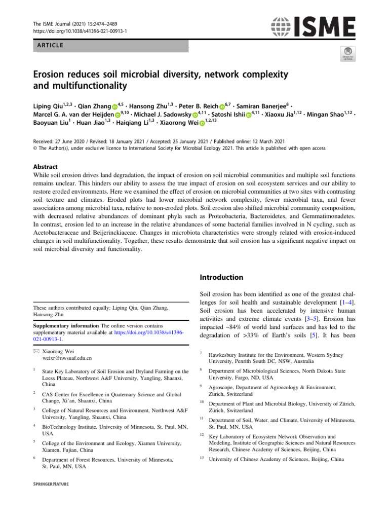 Erosion Reduces Soil Microbial Diversity, Network Complexity and Multifunctionality | PDF ...
