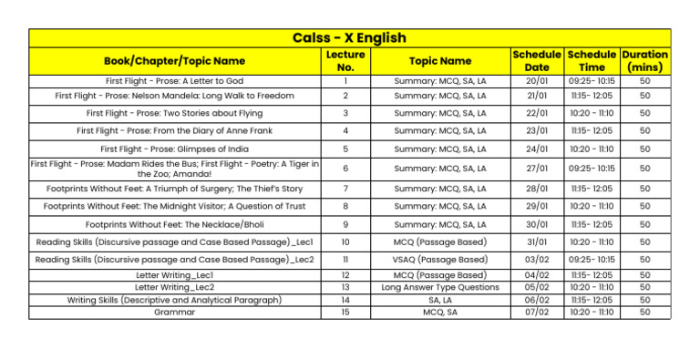 Class 10 English Revision Time Table-Koderma | PDF