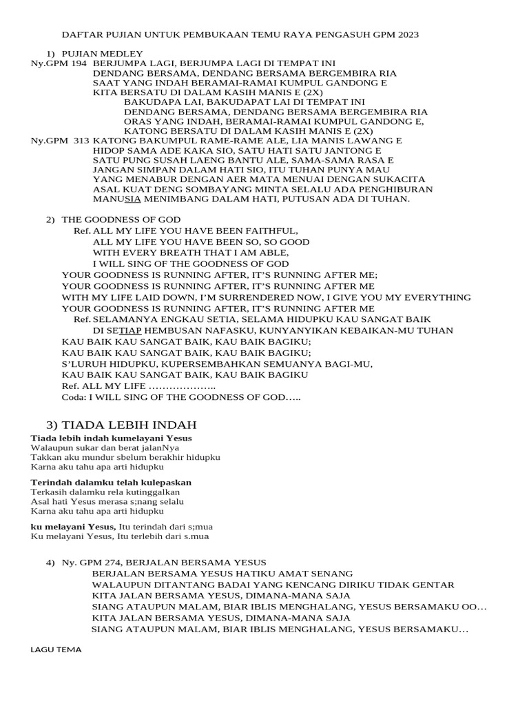 Daftar Pujian Pembukaan Ibadah GPM 2023 | PDF