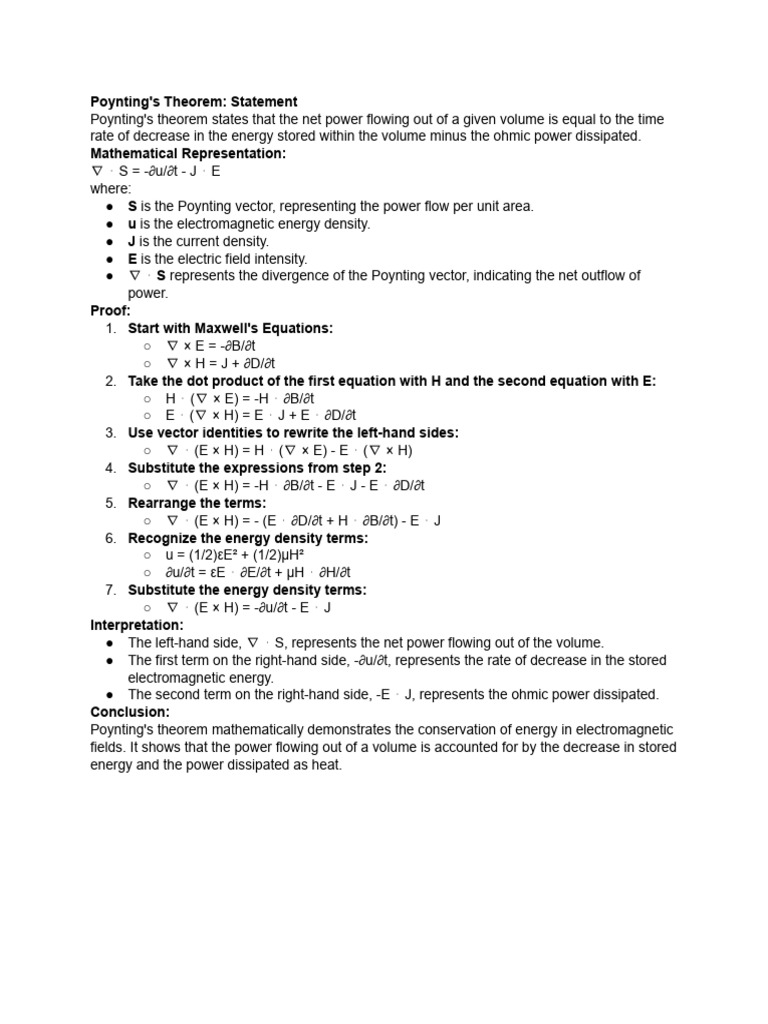 State and Prove Poynting Theorem in Emw | PDF