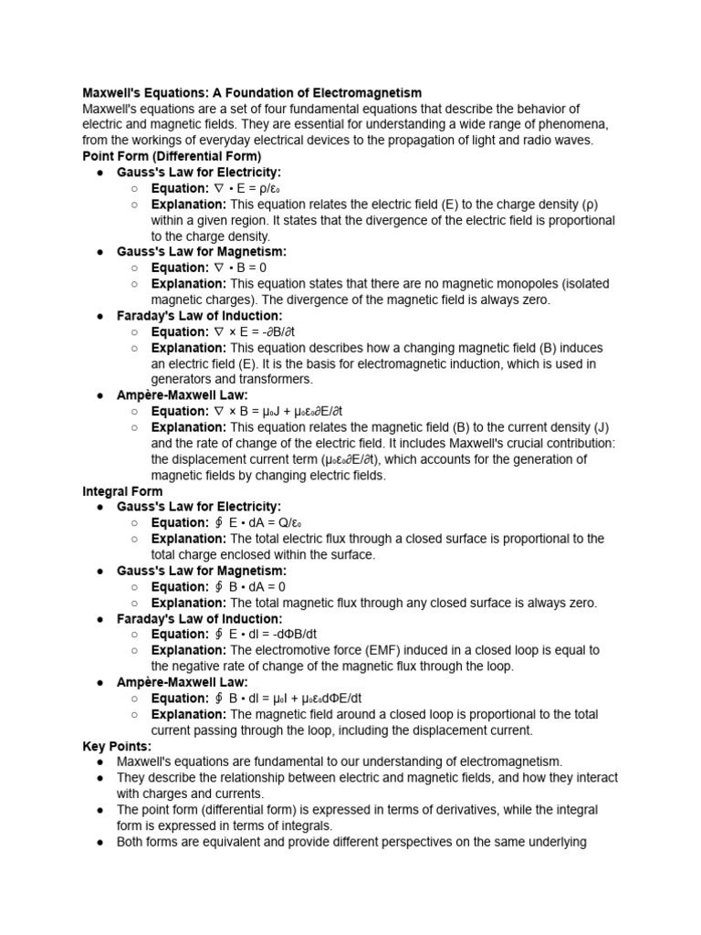 List and explain Maxwell's equations in point form... | PDF ...