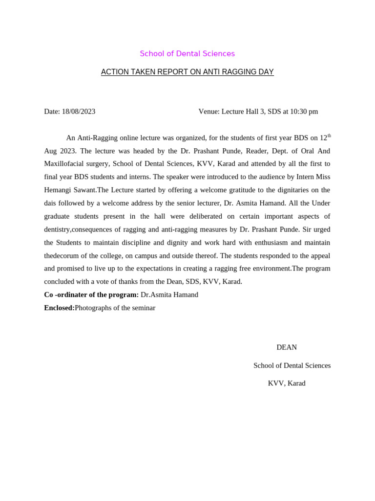 Anti-Ragging Day Report at Dental School | PDF