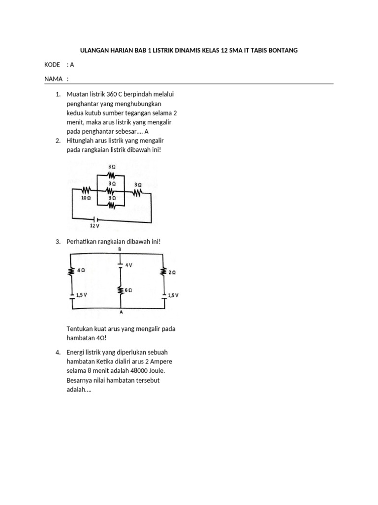 Ulangan Harian Bab 1 Listrik Dinamis Kelas 12 Sma It Tabis Bontang | PDF