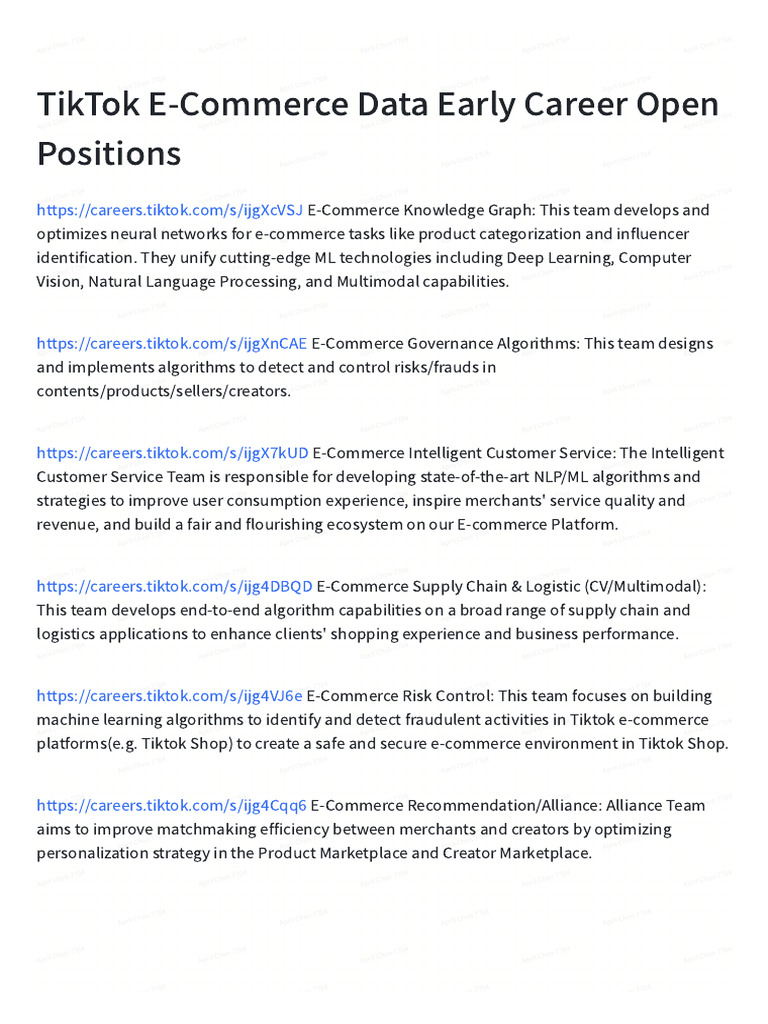 TikTok E-Commerce Data Early Career Open Positions | PDF