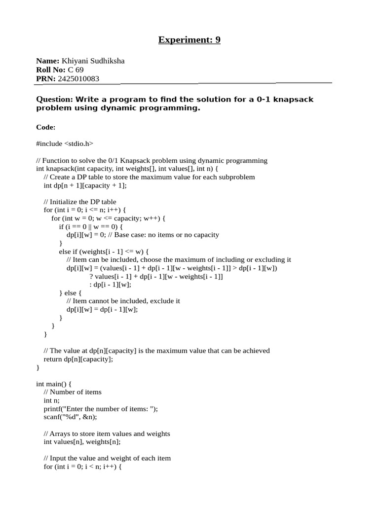 0-1 Knapsack Problem in C Code | PDF