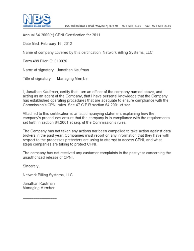 2011 CPNI Certification for Network Billing | PDF
