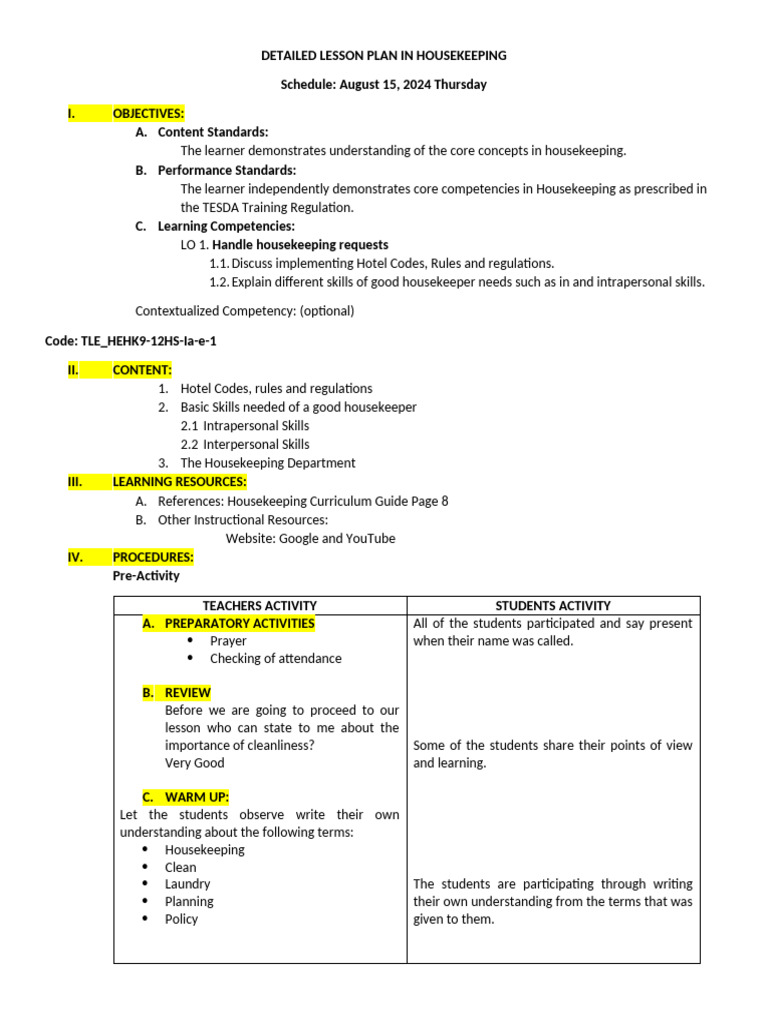 DETAILED LESSON PLAN IN HOUSEKEEPING fianal august 15, 2024 | PDF ...