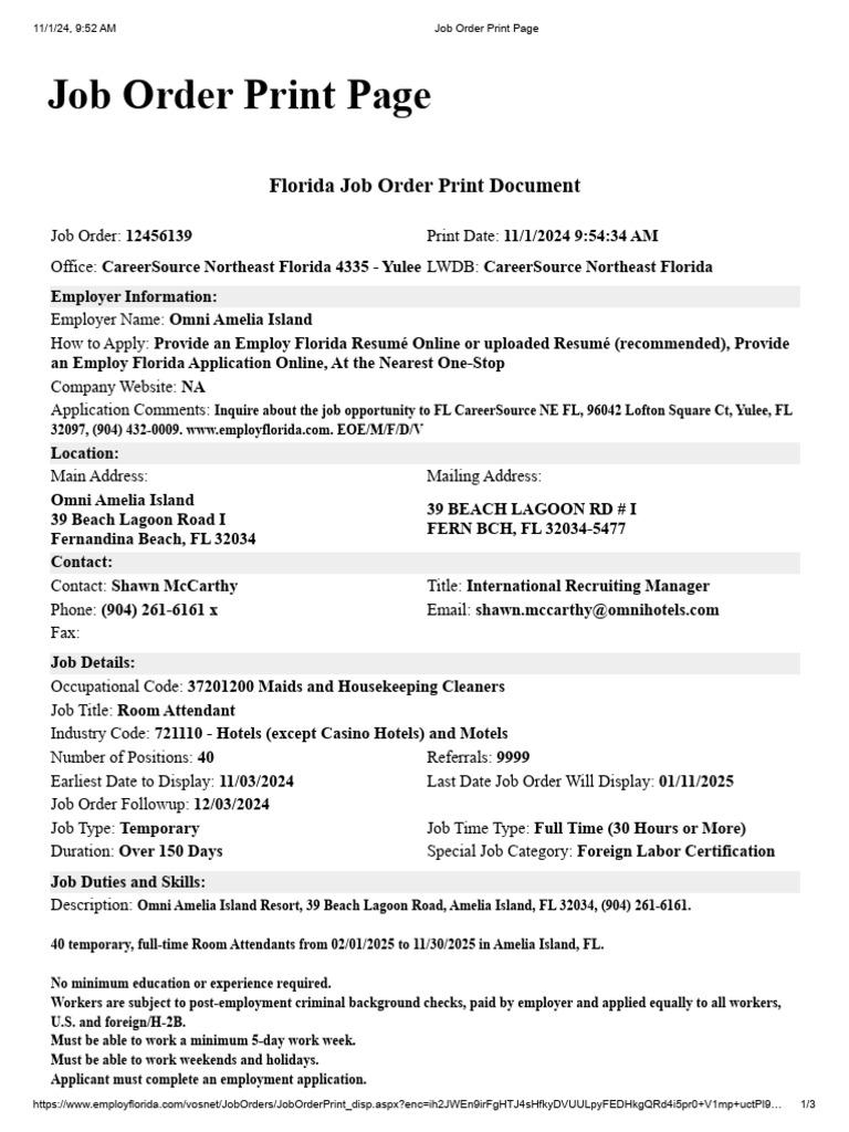 Florida Job Order Print Document | PDF | Workweek And Weekend | Employment