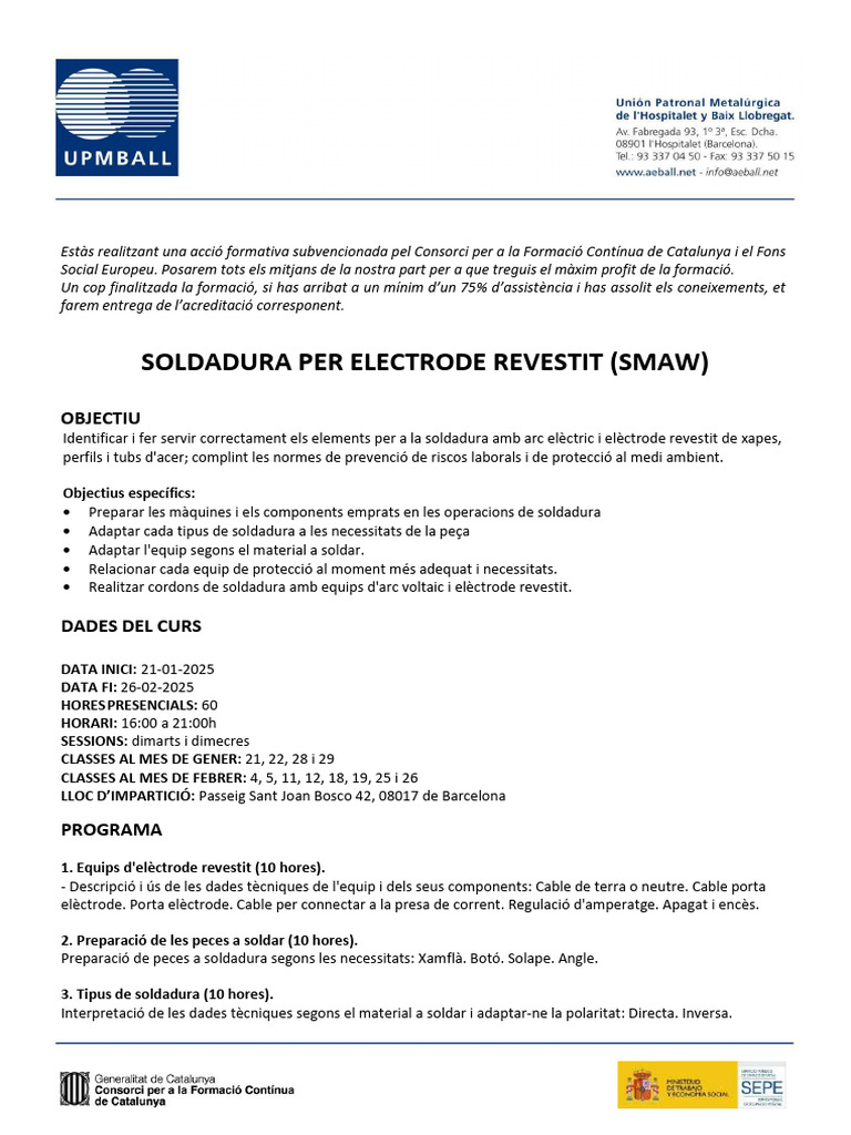 Programa Curs - Soldadura Per Elèctrode Revestit-1 - CAT | PDF