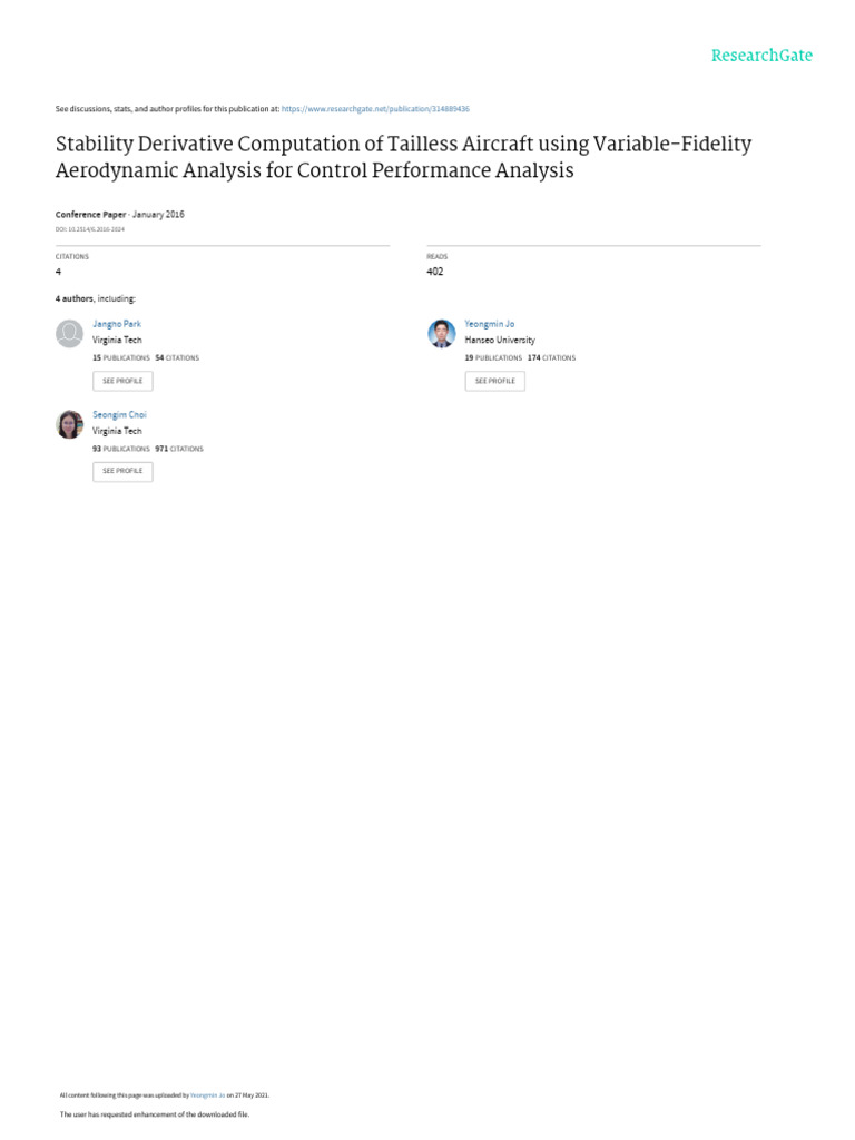 Stability Derivative Computation of Tailless Aircraft Using Variable-Fidelity Aerodynamic ...