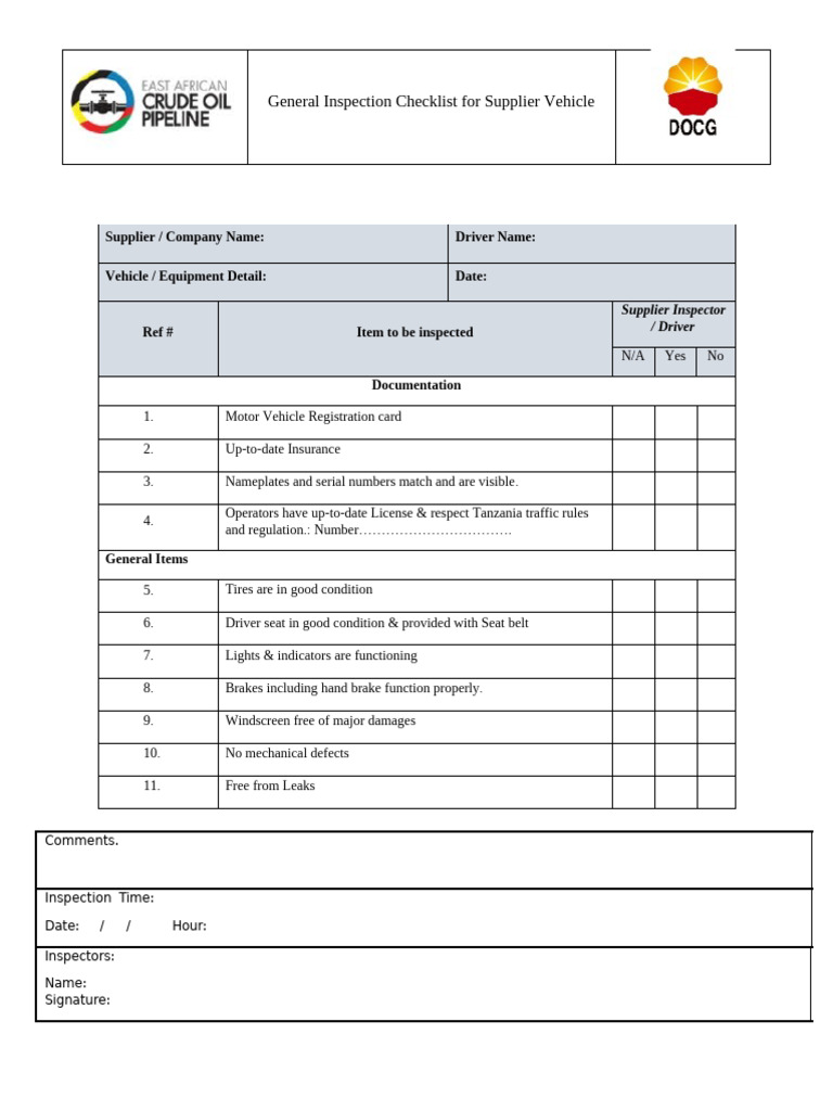 Supplier Vehicle Inspection Checklist | PDF | Vehicles | Truck