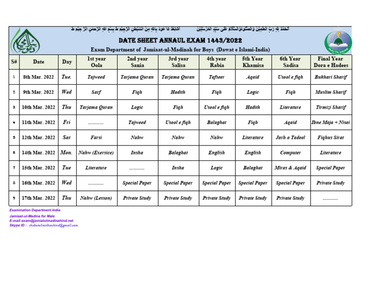 2022 Exam Schedule for Jamiaat-ul-Madina | PDF | Hadith | Muhammad