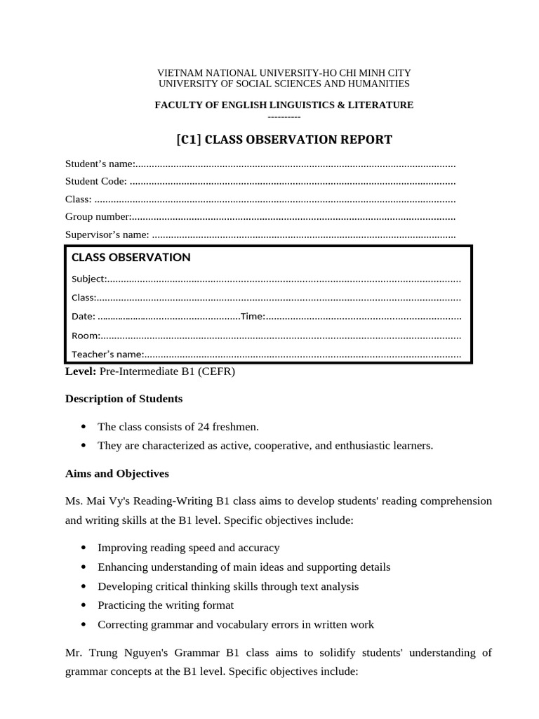 B1 Class Observation Report: ESL Methods | PDF | Reading Comprehension ...