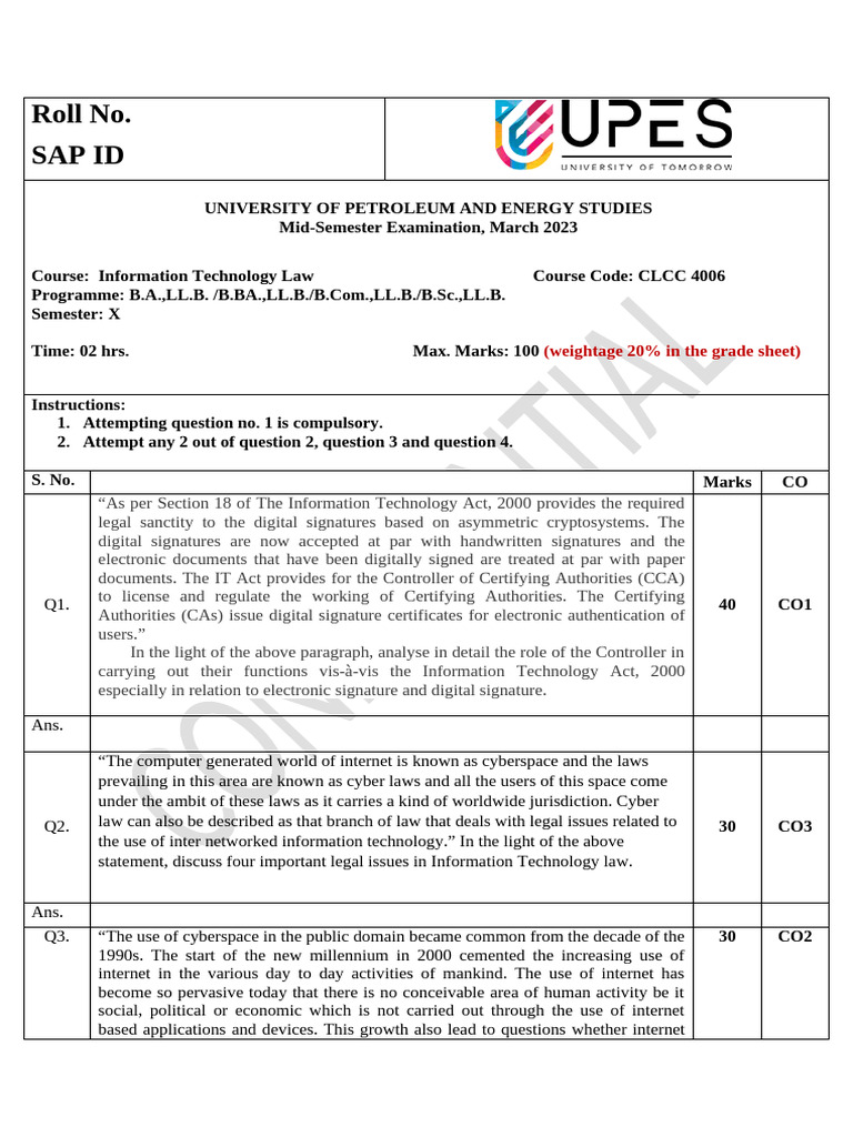 Mid Sem QP IT LAW Sem X March 2023 | PDF