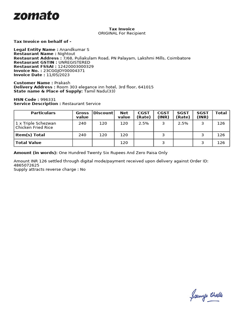 Invoice 4865072625 Zomato | PDF | Payments | Taxation