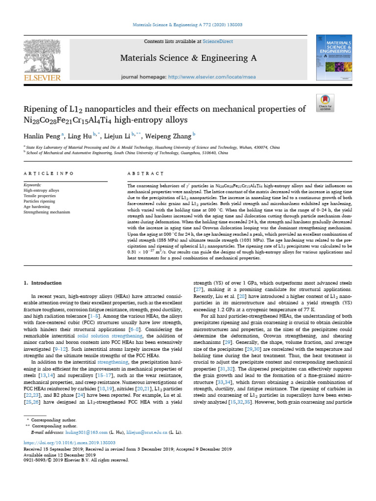 Effects of L12 Nanoparticle Ripening on HEAs | PDF | Strength Of ...