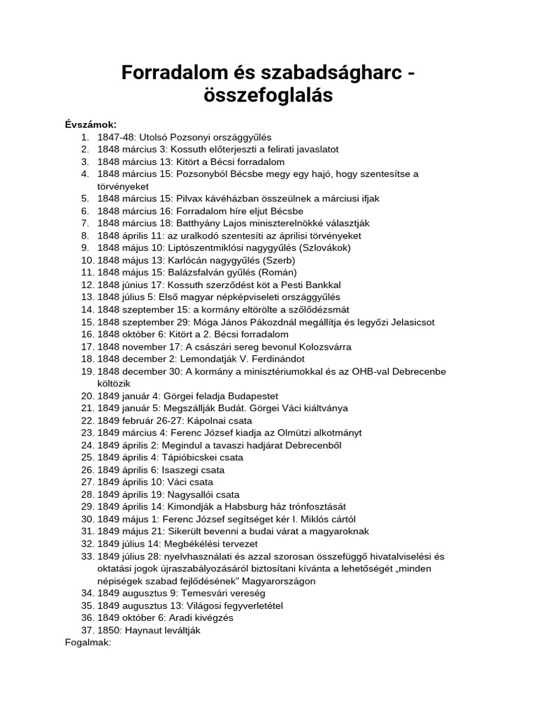 Forradalom és szabadságharc - összefoglalás | PDF