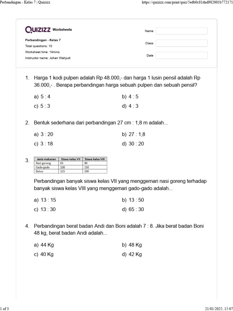 Perbandingan - Kelas 7 _ Quizizzselasa | PDF