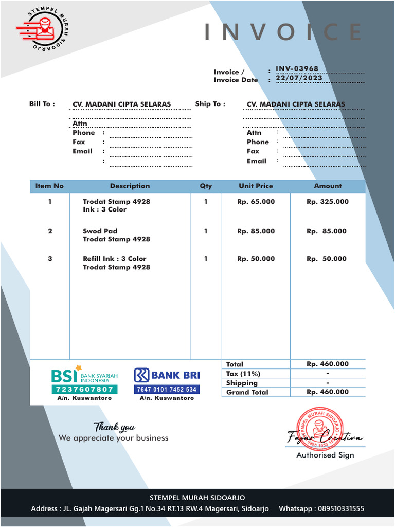 Invoice for Stempel Sidoarjo Order | PDF