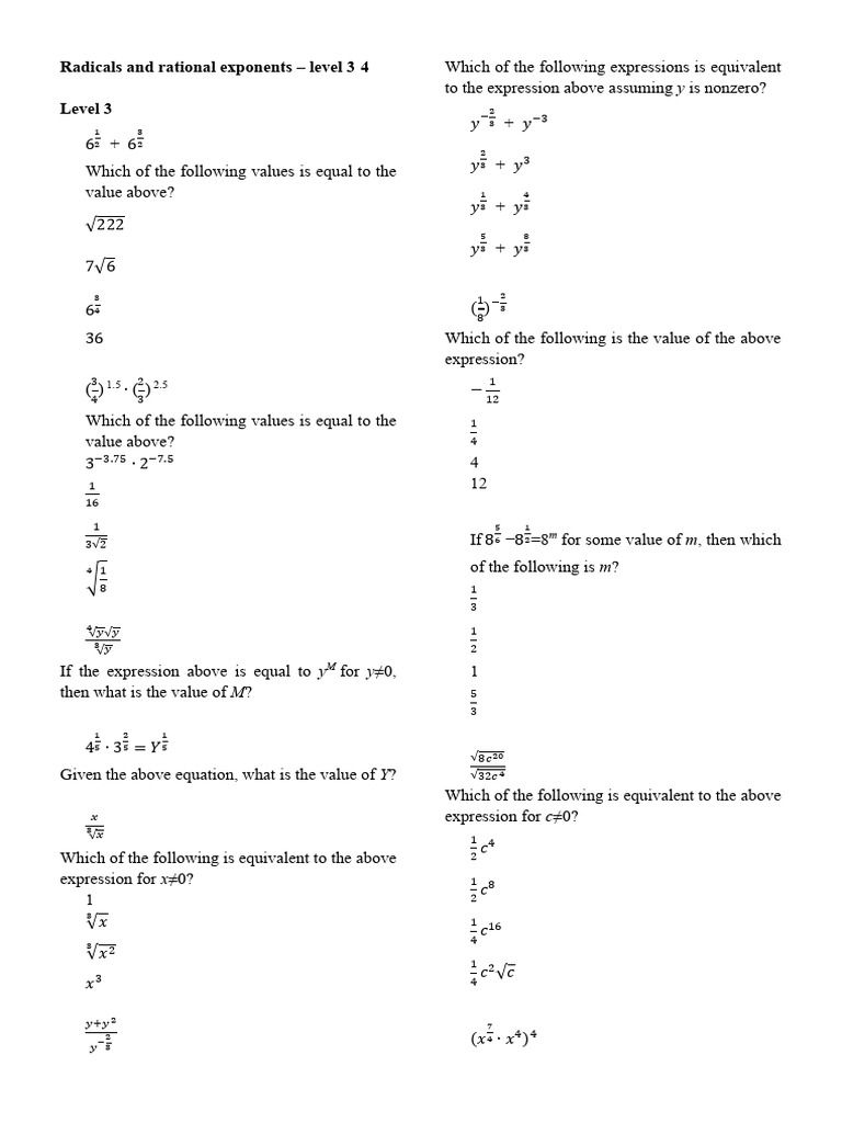 14. Radicals and rational exponents - level 3-4 | PDF | Exponentiation ...