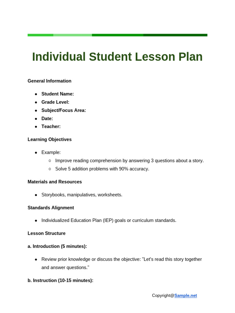 Individual Student Lesson Plan | PDF