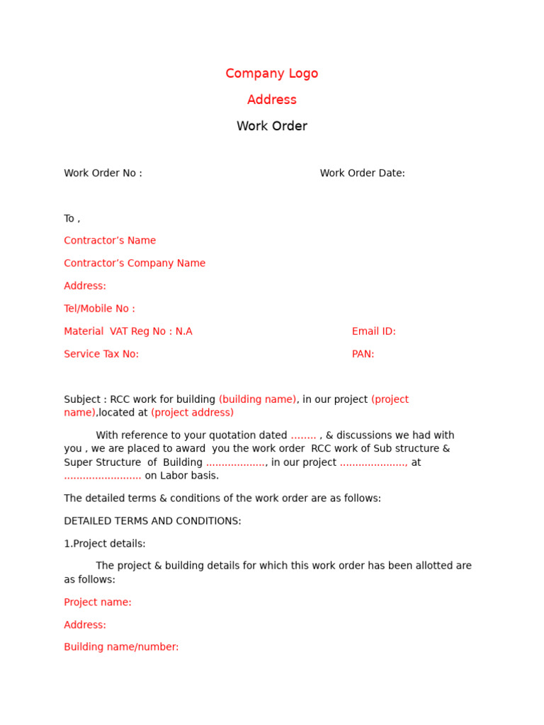 RCC Work Order for Building Project | PDF | Employment