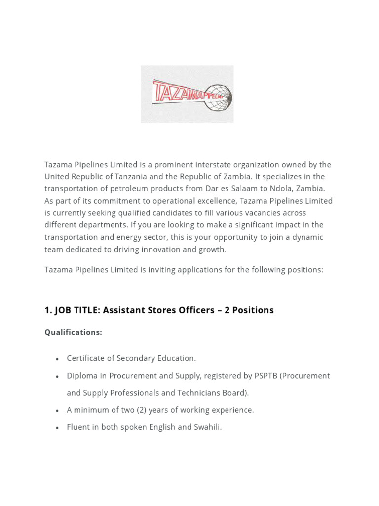 Tazama Pipelines January Jobs | PDF