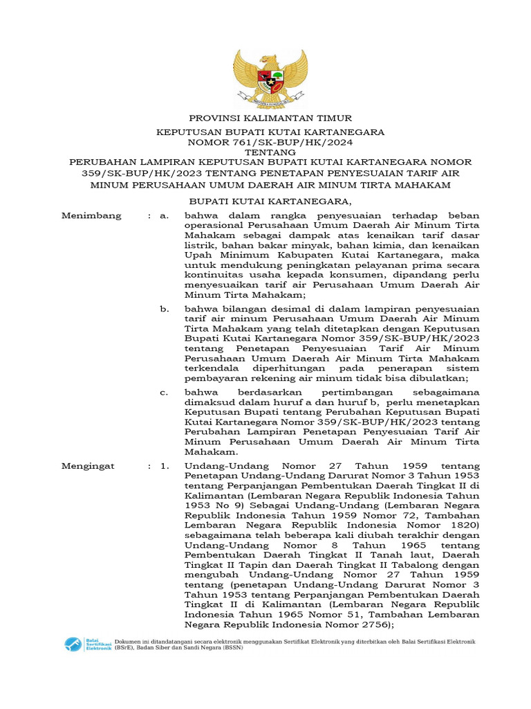 SK Bup No 761 Tahun 2024 TTG Perubahan Tarip Air Minum Perumda Tirta Mahakam-1 - Signed - Signed ...