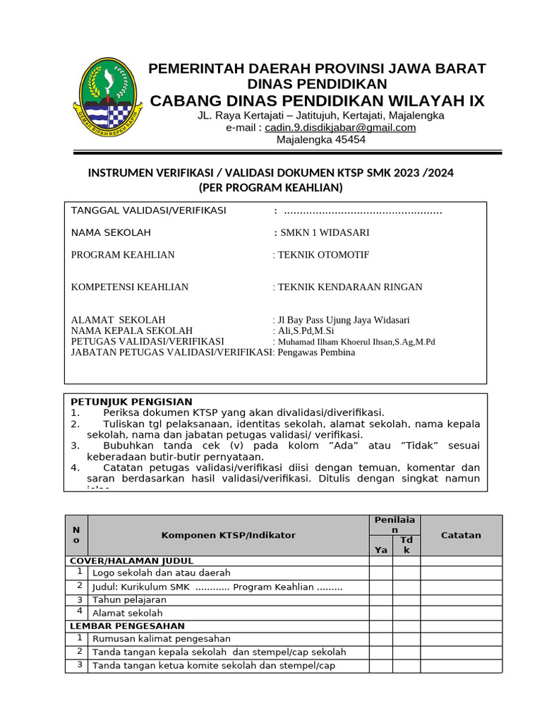 Instrumen Validasi KTSP SMK 2023 | PDF