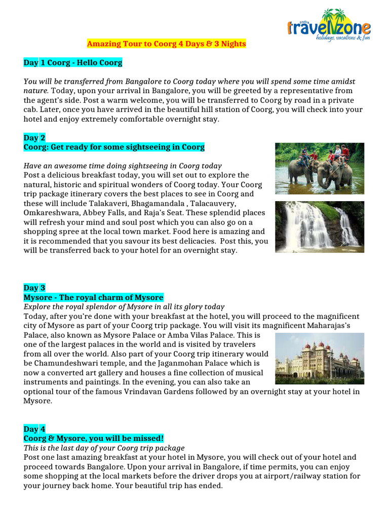 Coorg 4-Day Tour Itinerary Guide | PDF